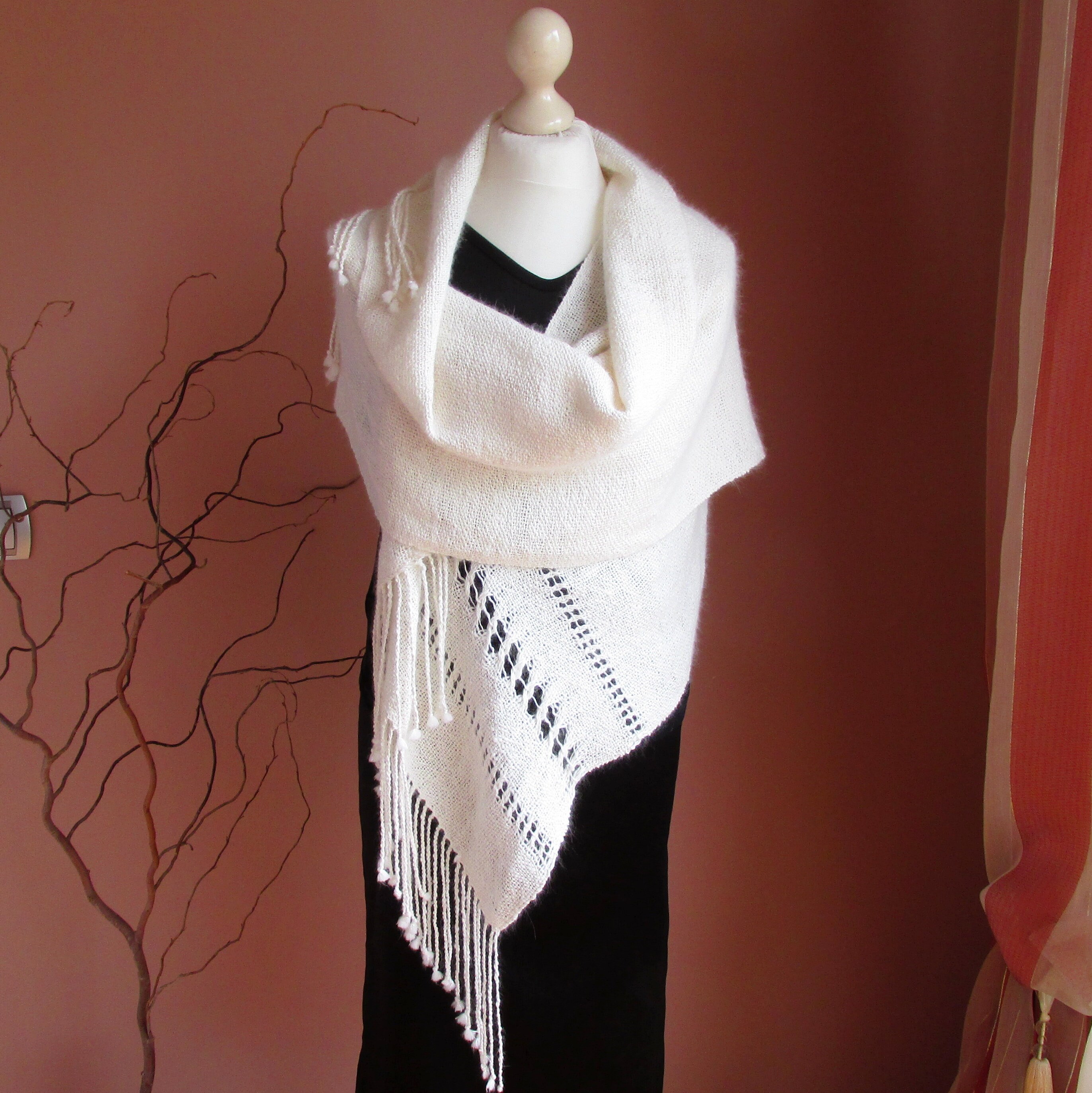 Handwoven Wrap Shawl Angora and Silk White Womens Large Scarf Handmade ...
