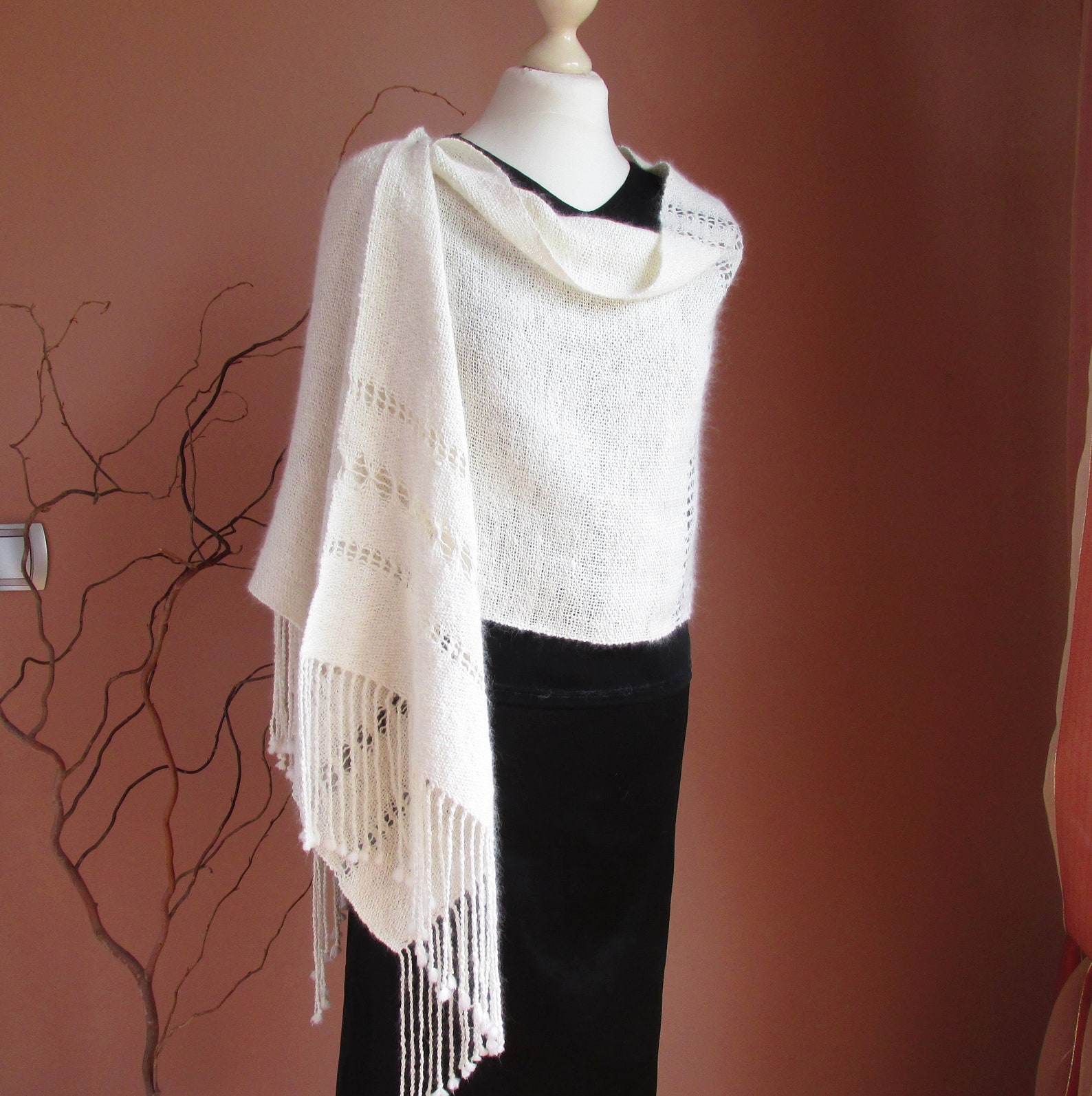 Handwoven Wrap Shawl Angora and Silk White Womens Large Scarf Handmade ...