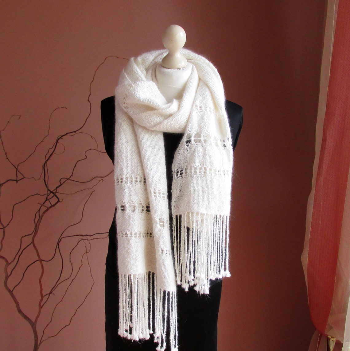 Handwoven Wrap Shawl Angora and Silk White Womens Large Scarf Handmade ...