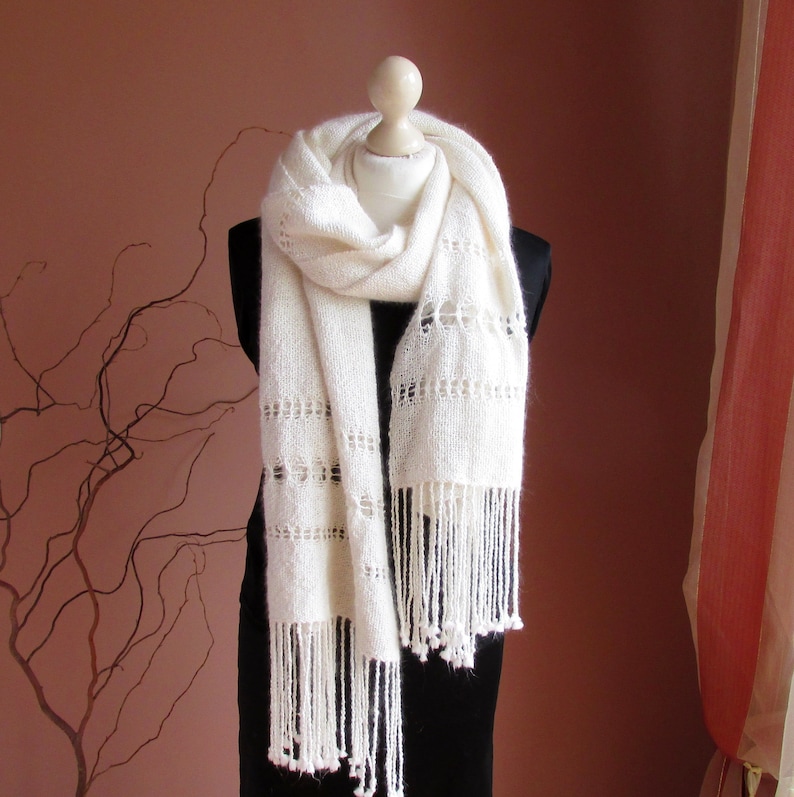 Handwoven Wrap Shawl Angora and Silk White Womens Large Scarf Handmade ...