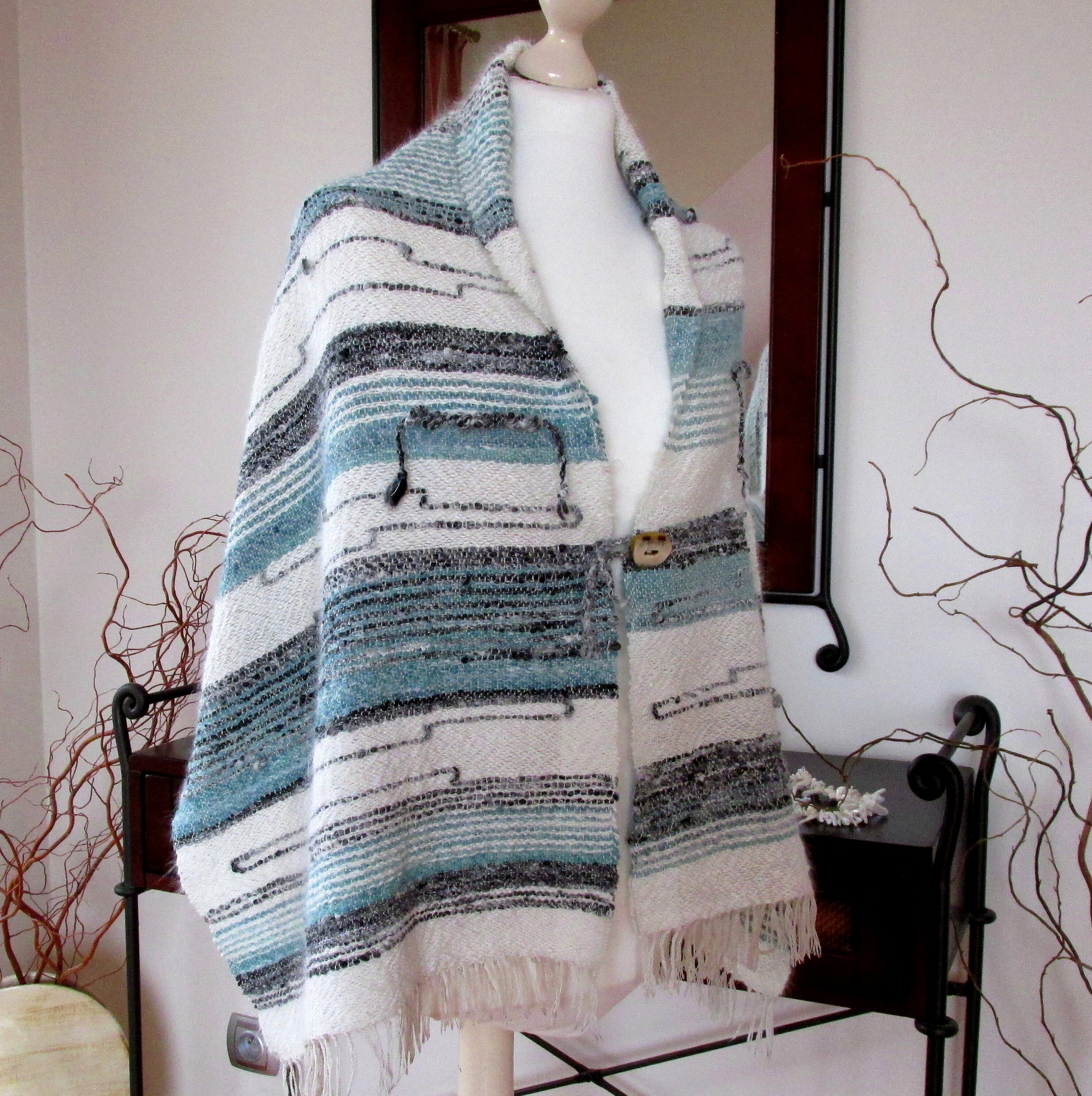 Handwoven Shawl Angora Rabbit Wool Women Cape Handspun Art Yarn Scarf ...