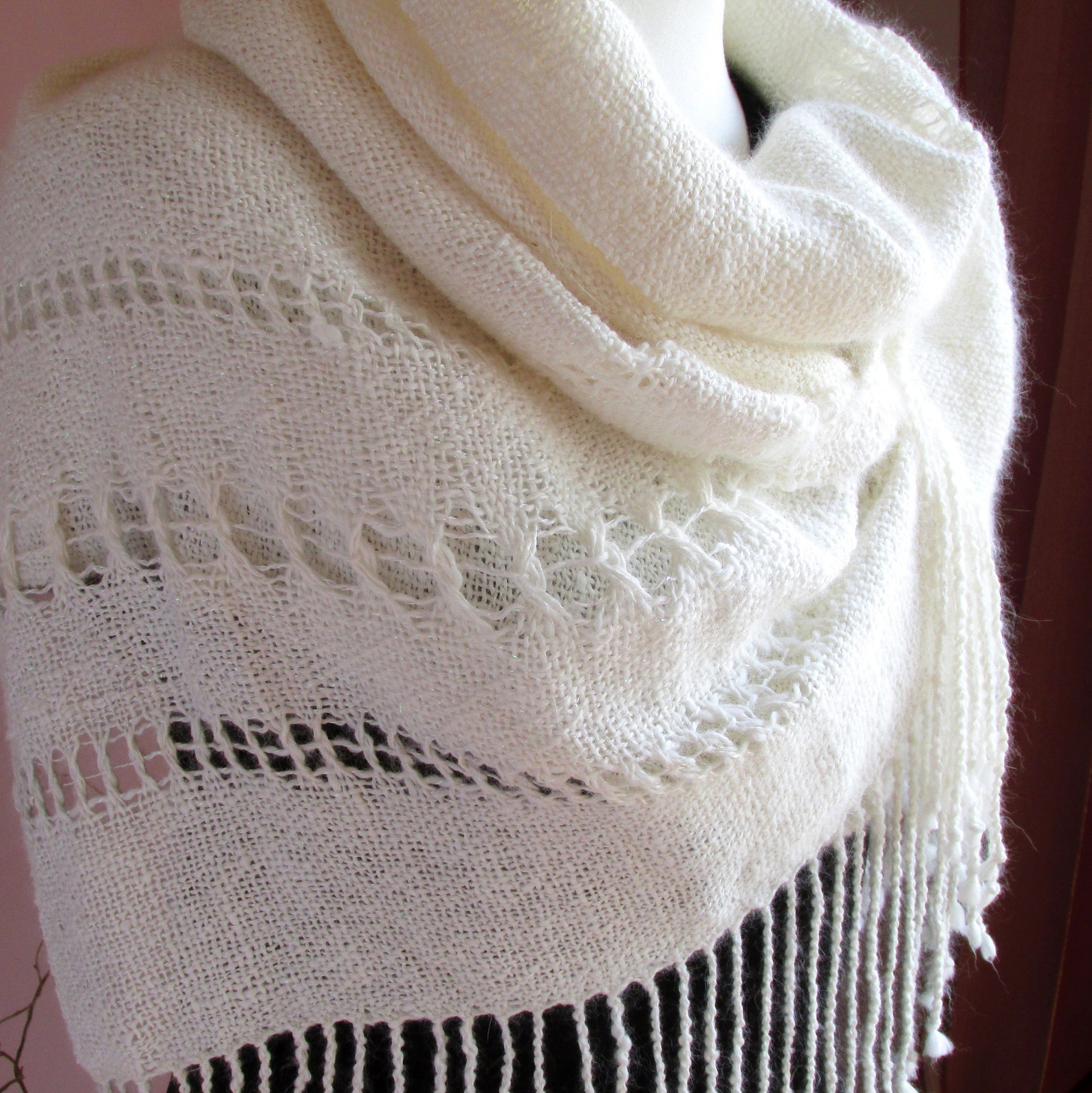 Handwoven Wrap Shawl Angora and Silk White Womens Large Scarf Handmade ...