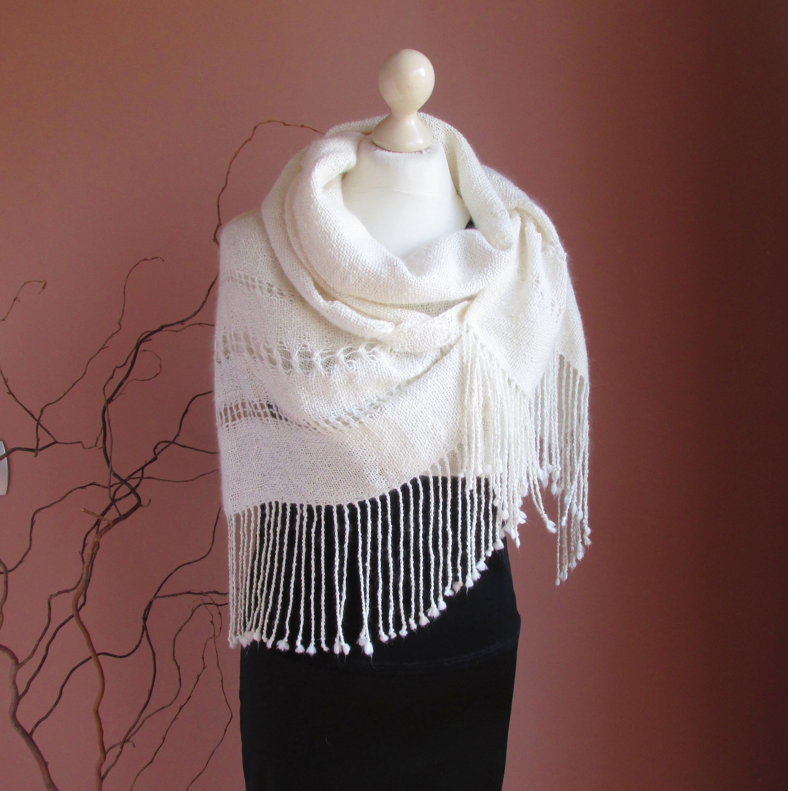 Handwoven Wrap Shawl Angora and Silk White Womens Large Scarf Handmade ...