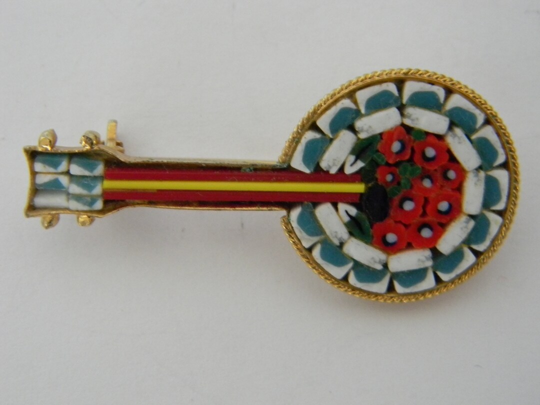 Vintage Micro Mosaic Banjo Shape Brooch Pin With Floral Design From ...