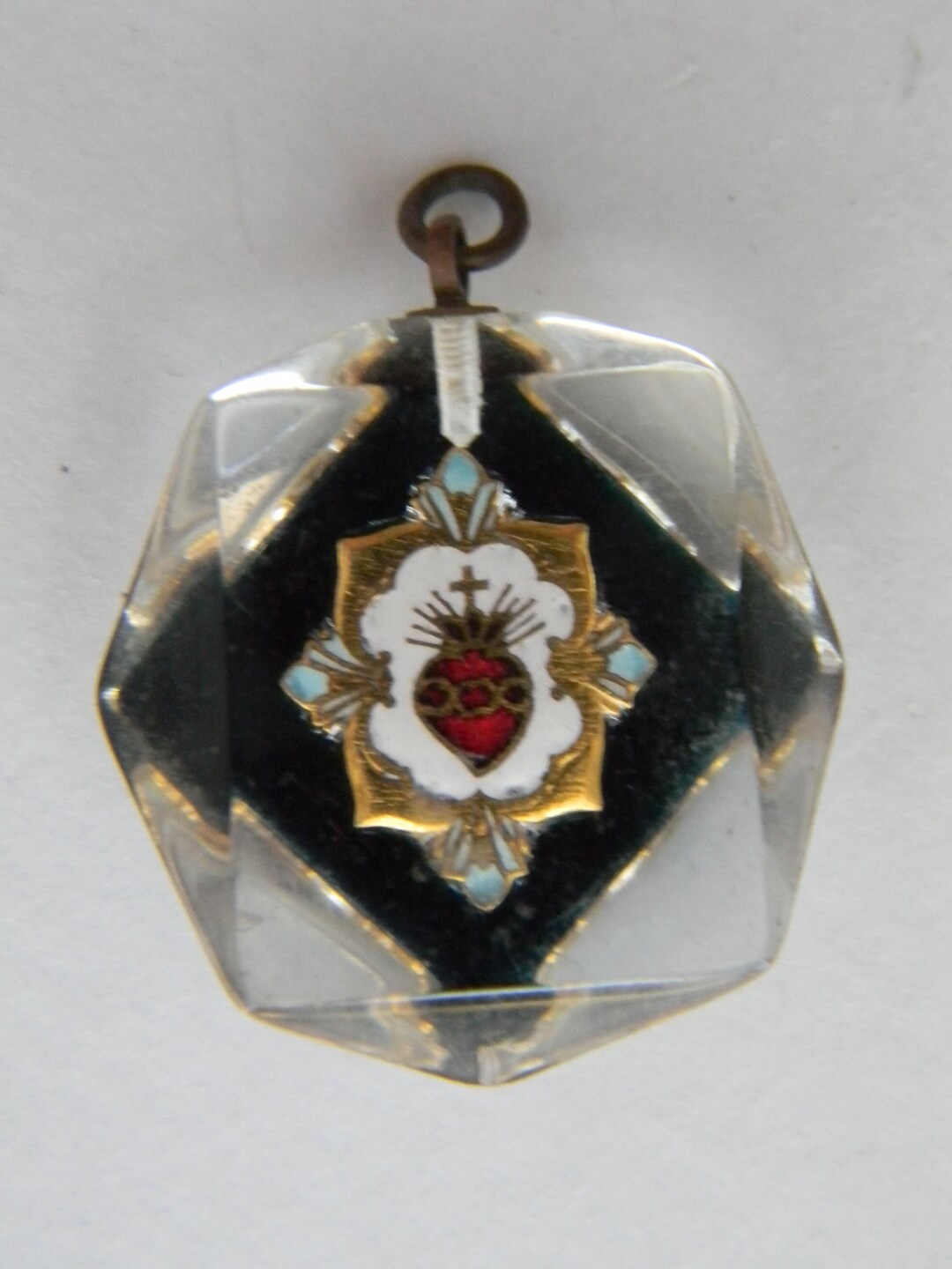 1940s Art Deco Religous Lucite Enamel Sacred Heart Pendant or Charm ...