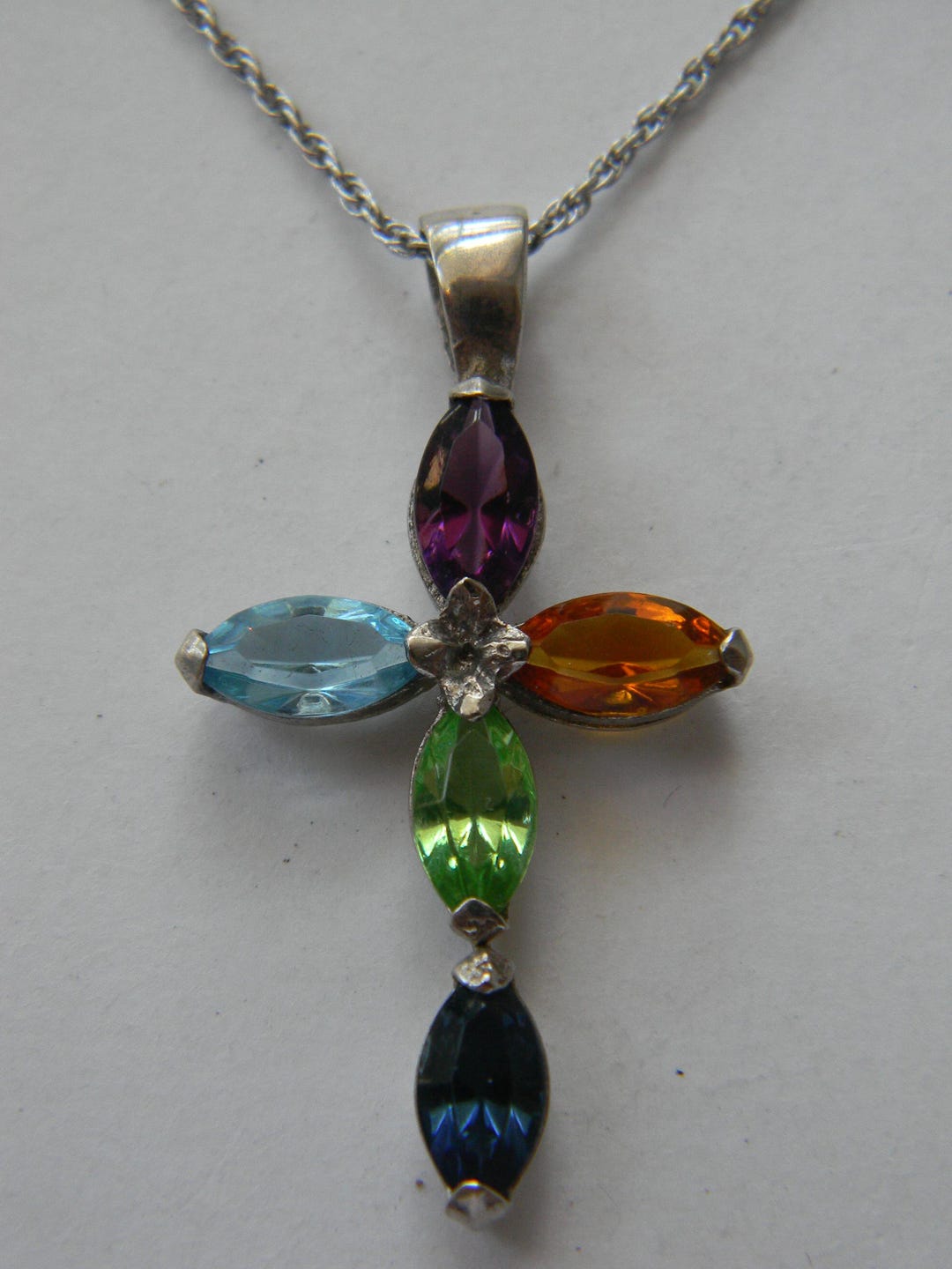 Vintage Natural Multi Gemstone Cross Pendant, 925 Sterling Silver ...