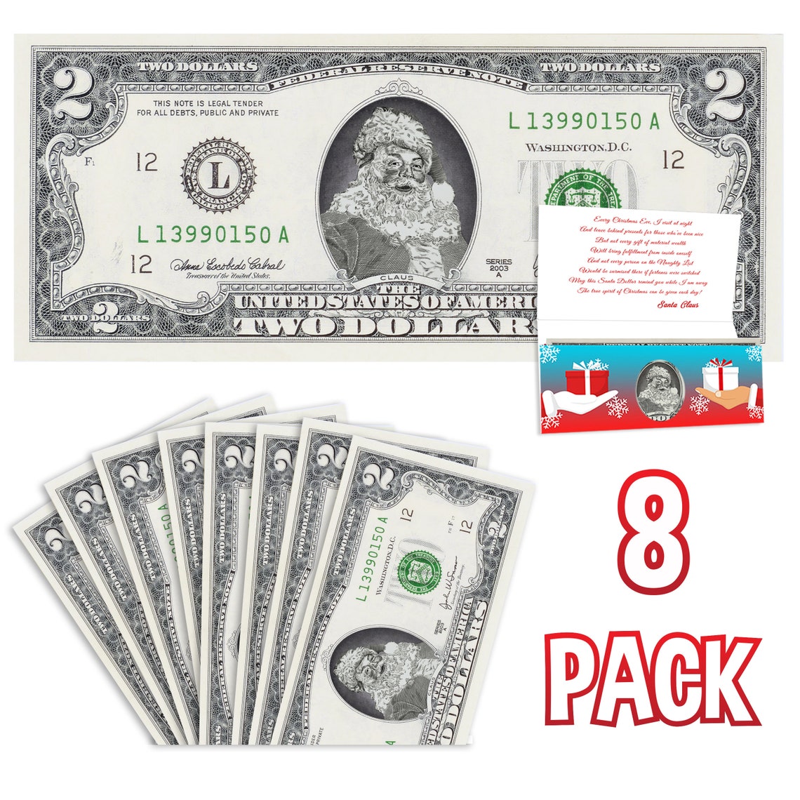 Santa Claus 2.0 USD Dollar Bill Gift Package With Holiday Greeting Card ...