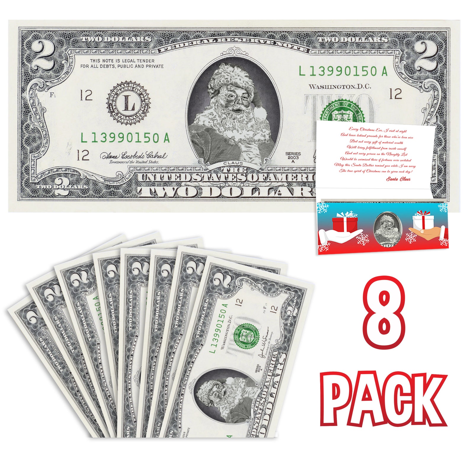 Santa Claus 2.0 USD Dollar Bill Gift Package With Holiday Greeting Card ...