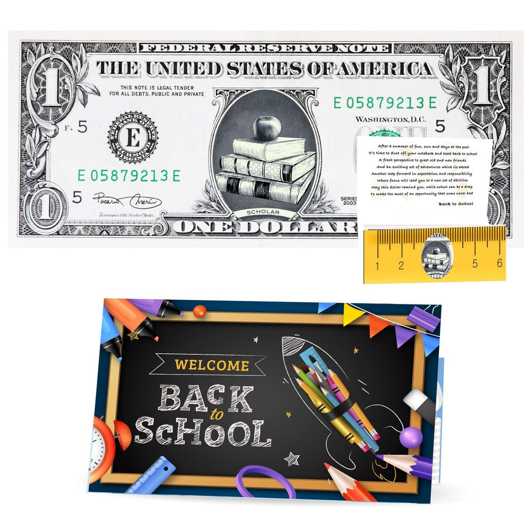 Back to School Card and Official Dollar. Real 1.0 USD. Each Bill Comes ...