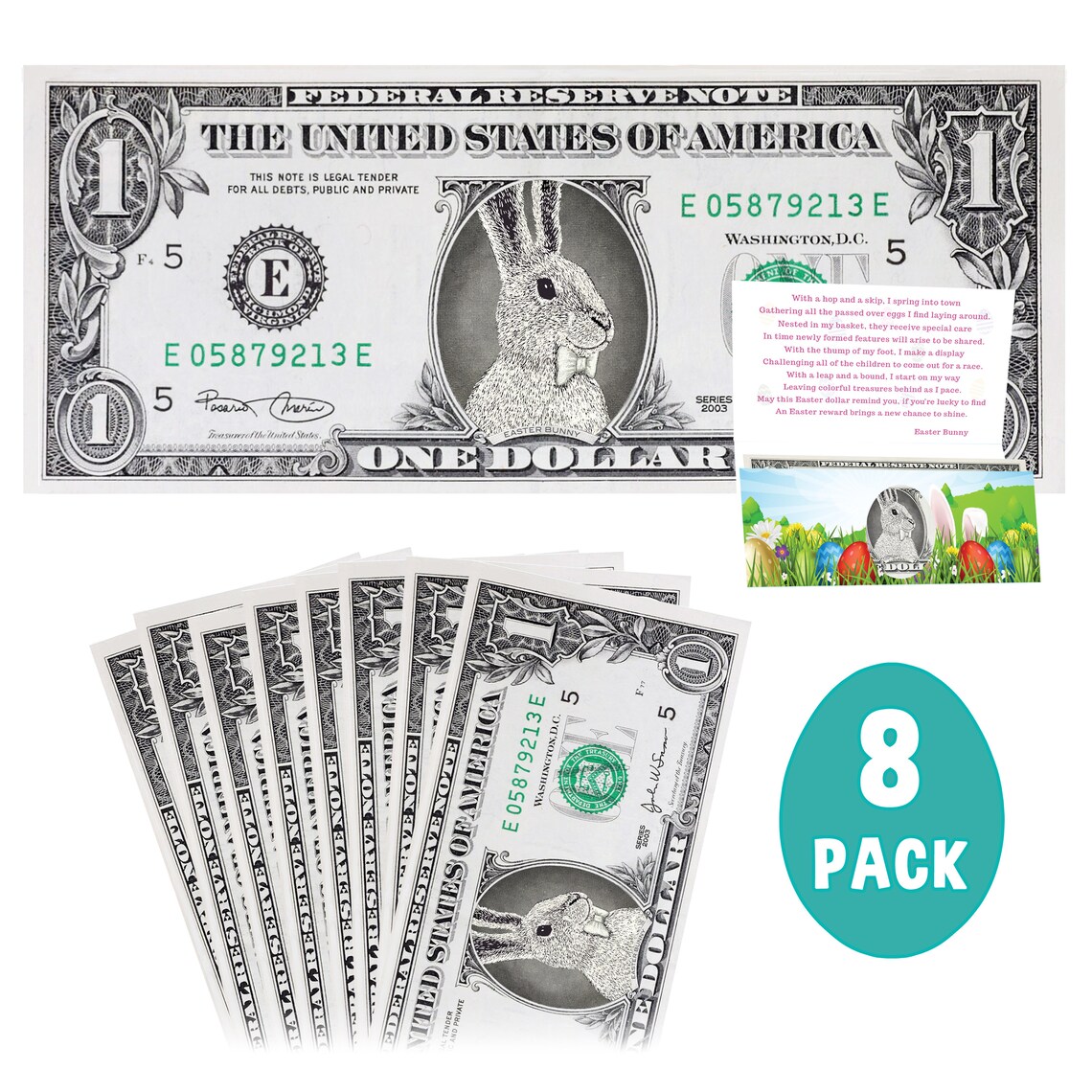 The Official Easter Bunny Dollar Bill 8-pack. Real 1.0 USD Dollars ...