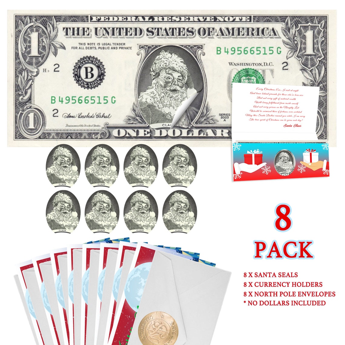 Santa Claus Dollar Bill Kit Gift Package With Holiday Greeting Cards ...