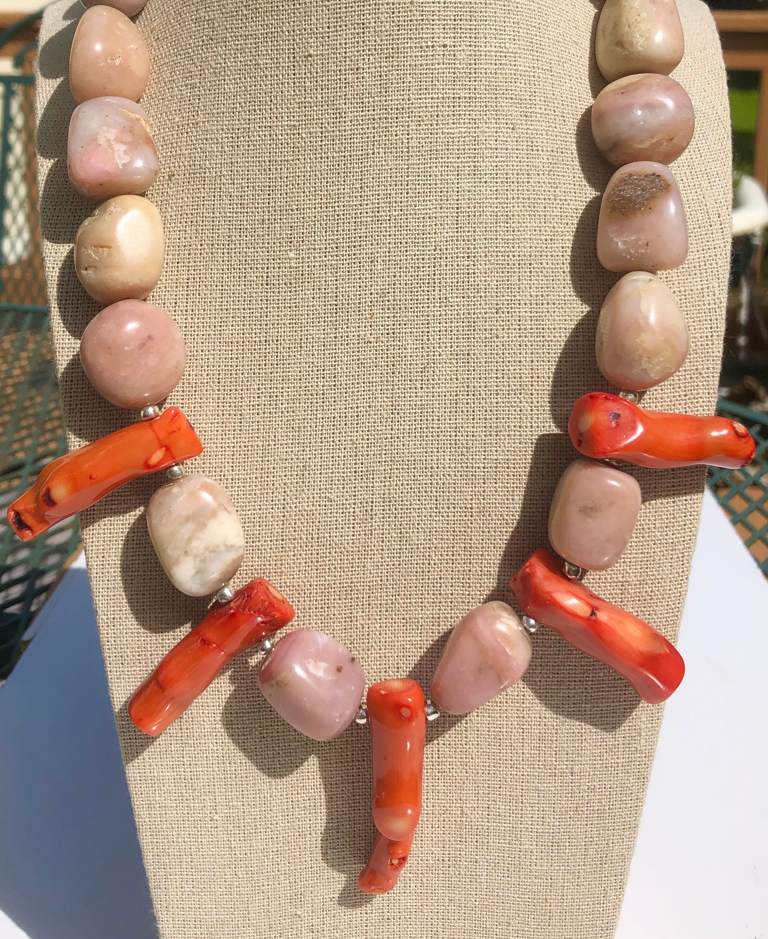 Chunky Pink Peruvian Opal and Salmon Coral Polished Nugget Statement ...