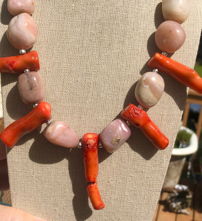Chunky Pink Peruvian Opal and Salmon Coral Polished Nugget Statement ...
