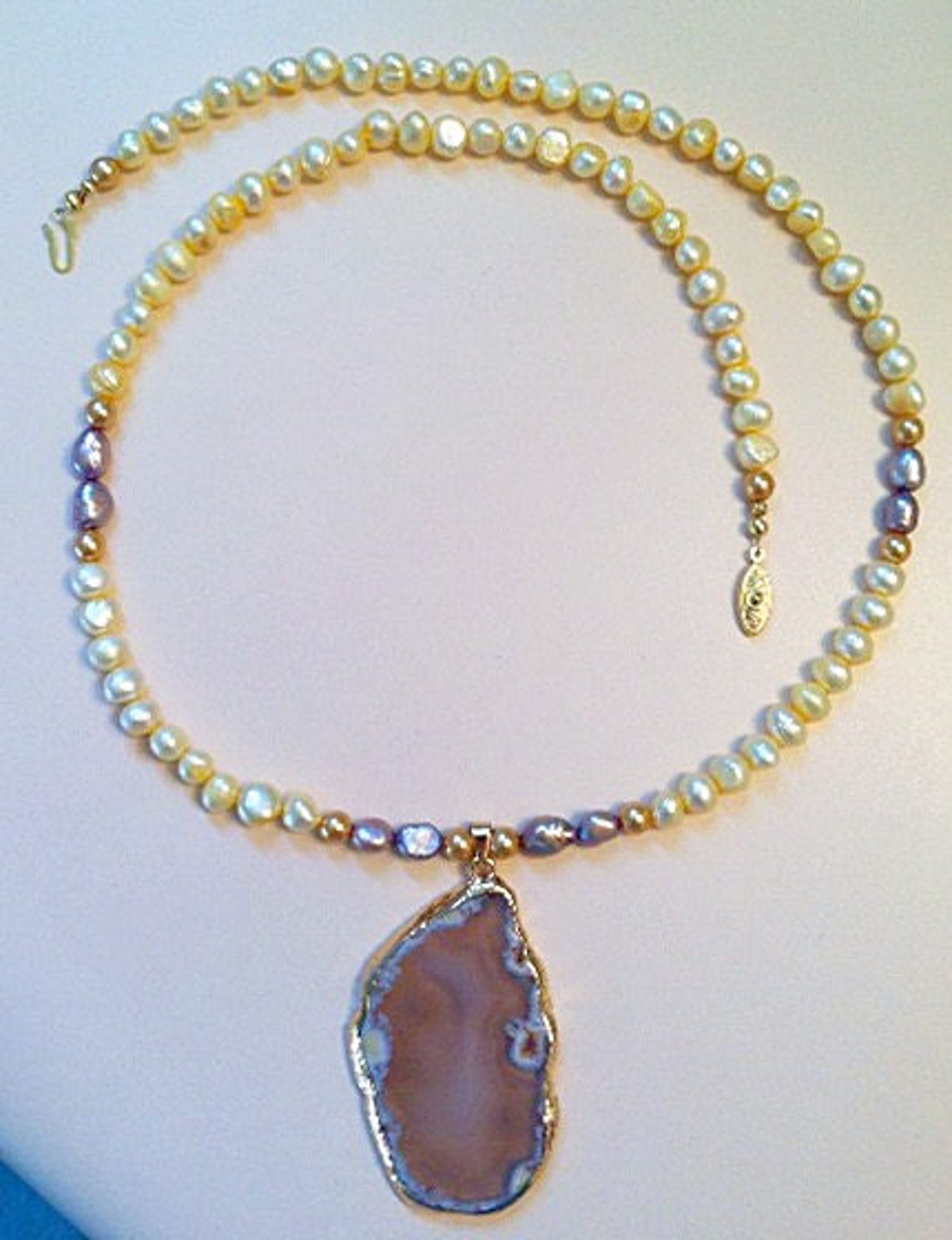 Ivory Freshwater Pearls Agate Druzy Statement Necklace, Czech Glass ...