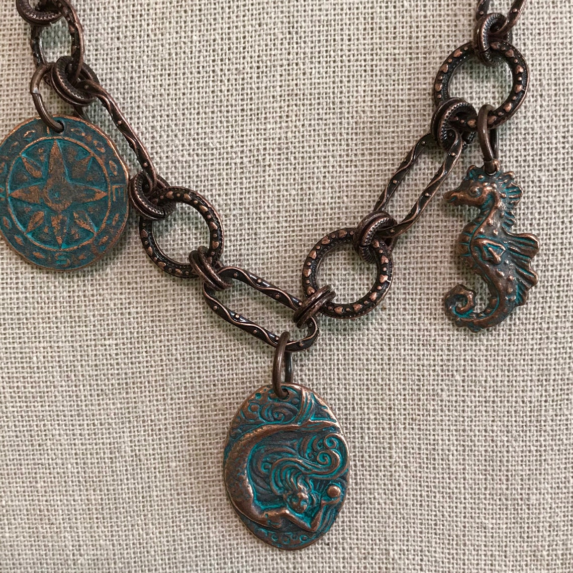 Copper Mermaid Treasure Charm Necklace Compass Seahorse - Etsy