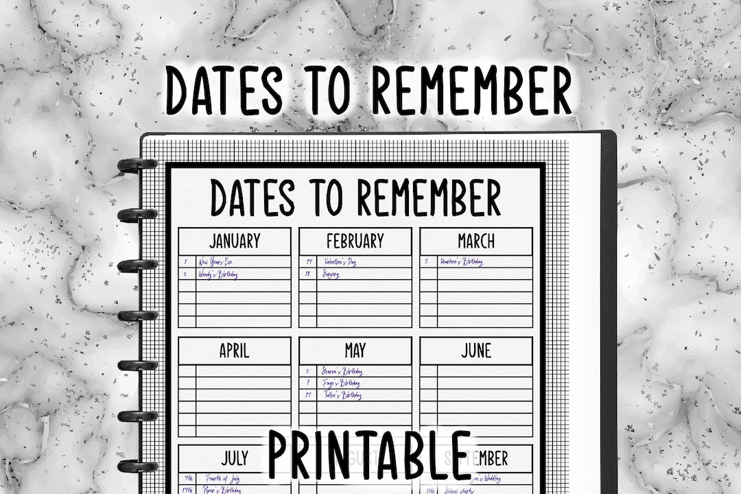 Dates to Remember Printable | Year Calendar, Birthdays, Holidays ...