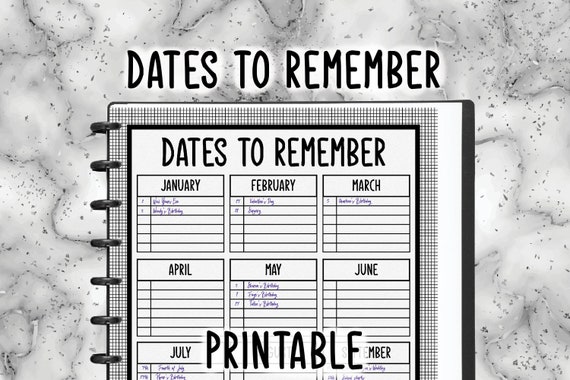 Dates to Remember Printable Year Calendar Birthdays | Etsy