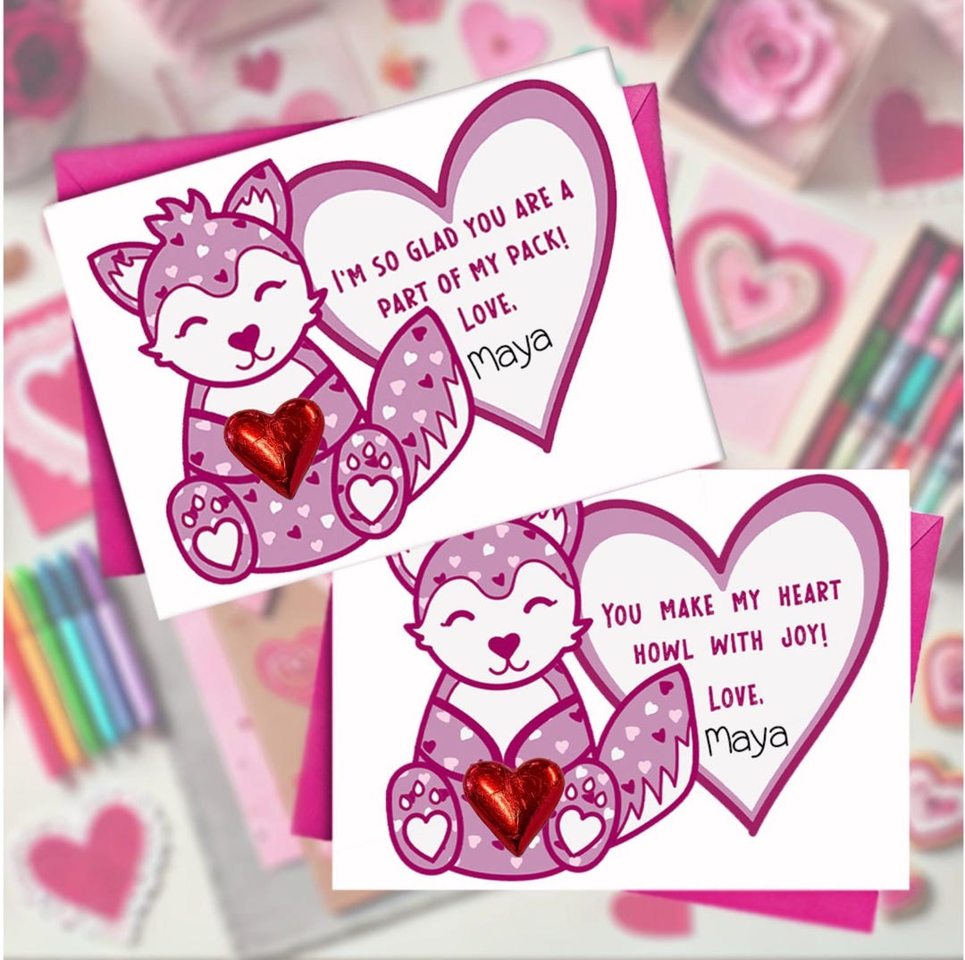 Cute Heart Wolf Valentine's Day Chocolate Heart Card, Instant Download ...