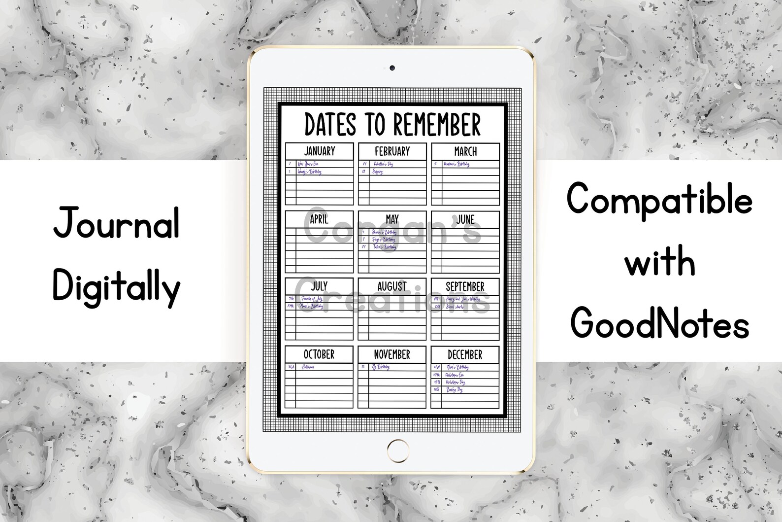 Dates to Remember Printable Year Calendar Birthdays | Etsy