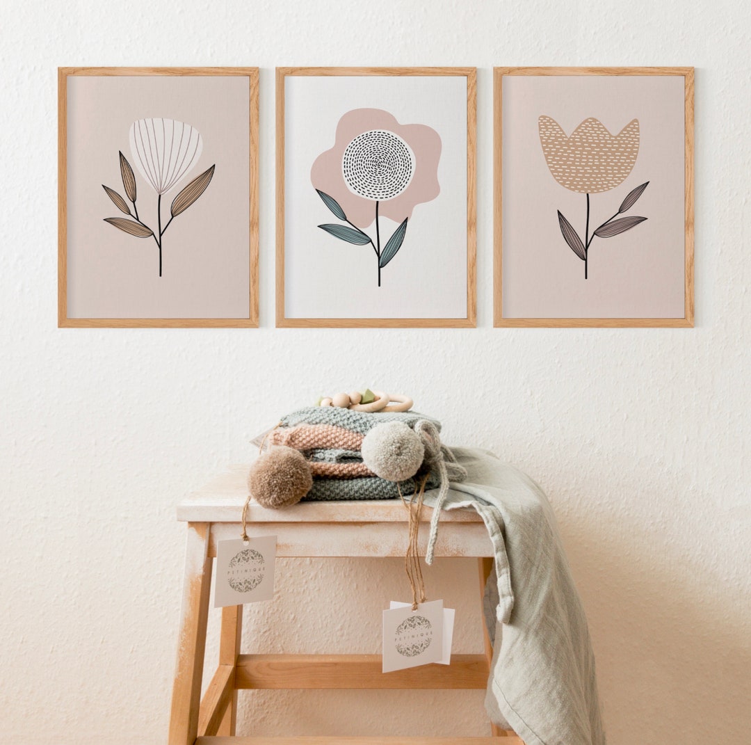 Scandinavian Flowers Prints, Nursery Wildflower Wall Decor, Blush ...
