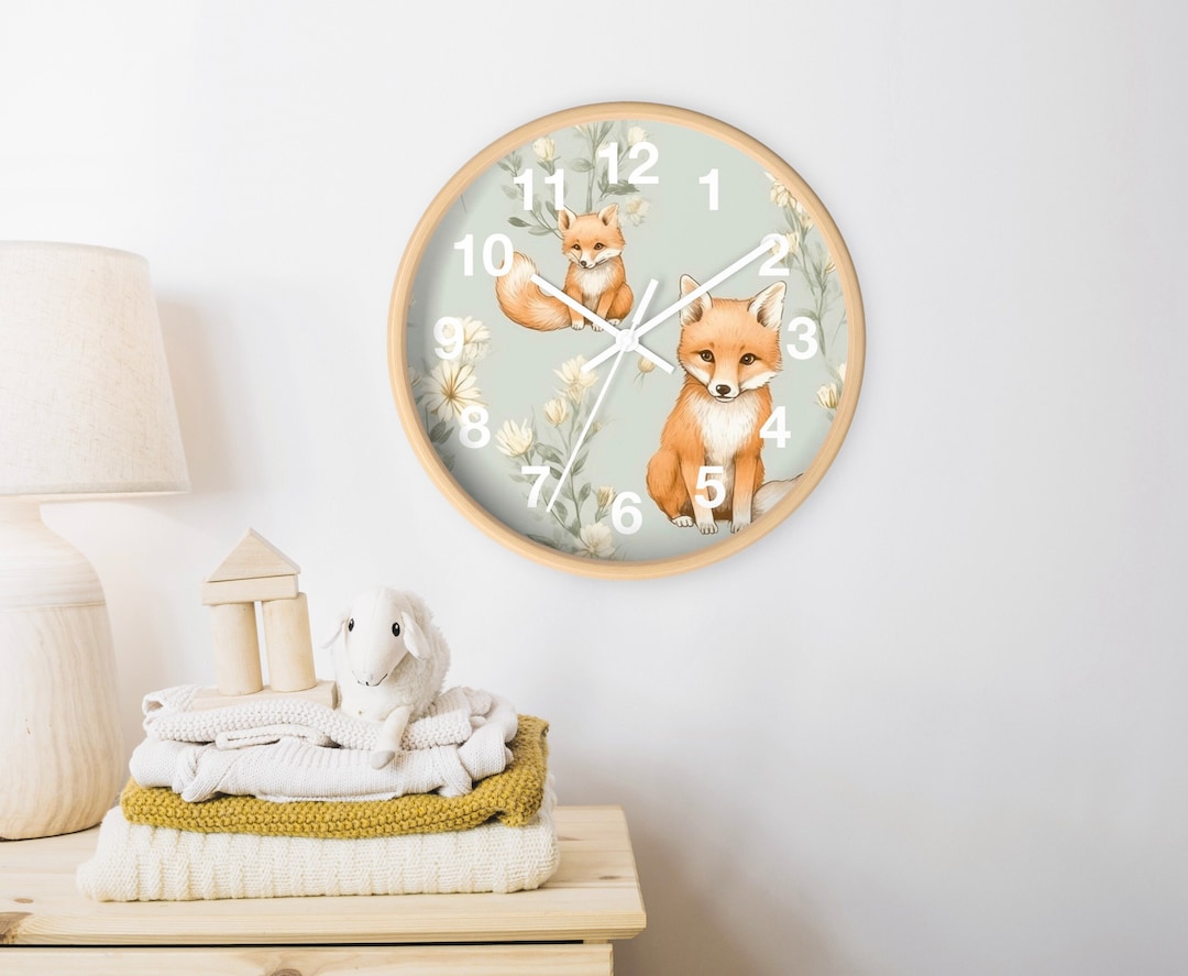 Cute Little Fox Wall Clock, Kids Clock, Silent Clock, Aqua and Cream ...