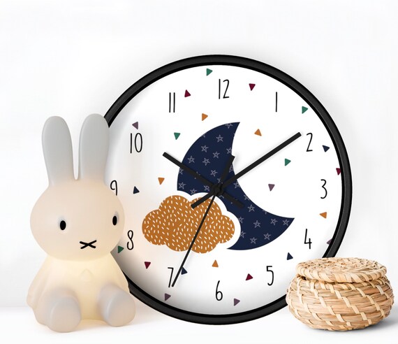Wall Clock Kids Moon And Cloud Design Blue Gold Clock Wall | Etsy