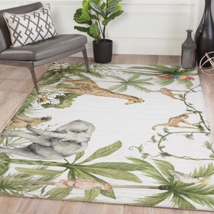 Safari Animals Nursery Rug, Watercolor Animals Print Area Rug, Gender ...