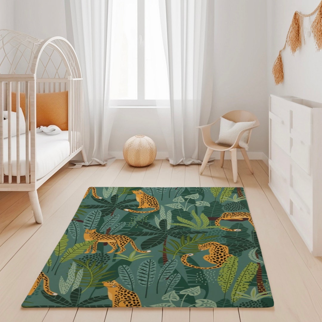 Wild Jungle Animals Rugs, Leopard Print Carpet, Tropical Kids Rugs for ...