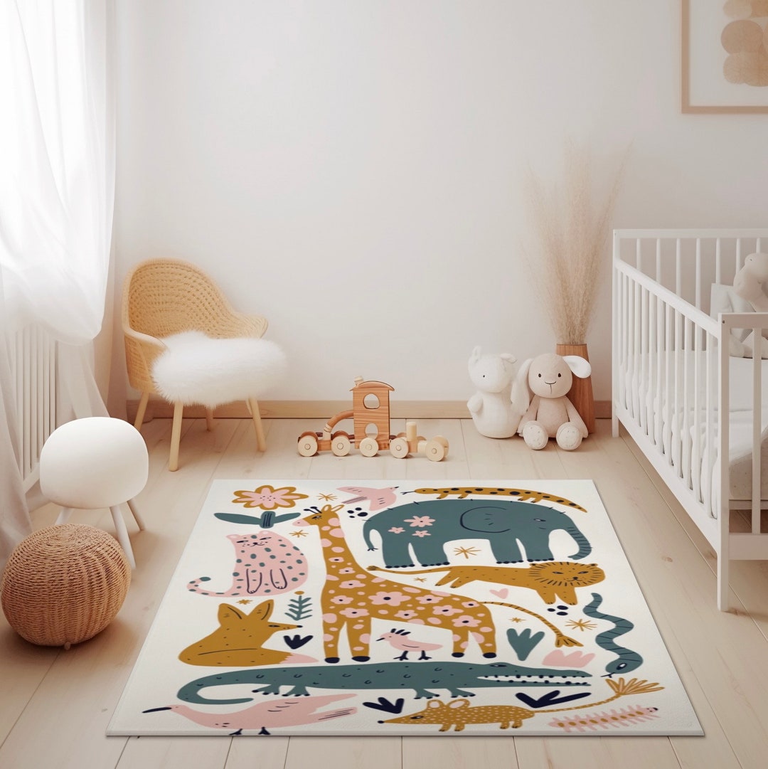 Scandinavian Design Kids Area Rug, Animals Print Carpet, Gender Neutral ...