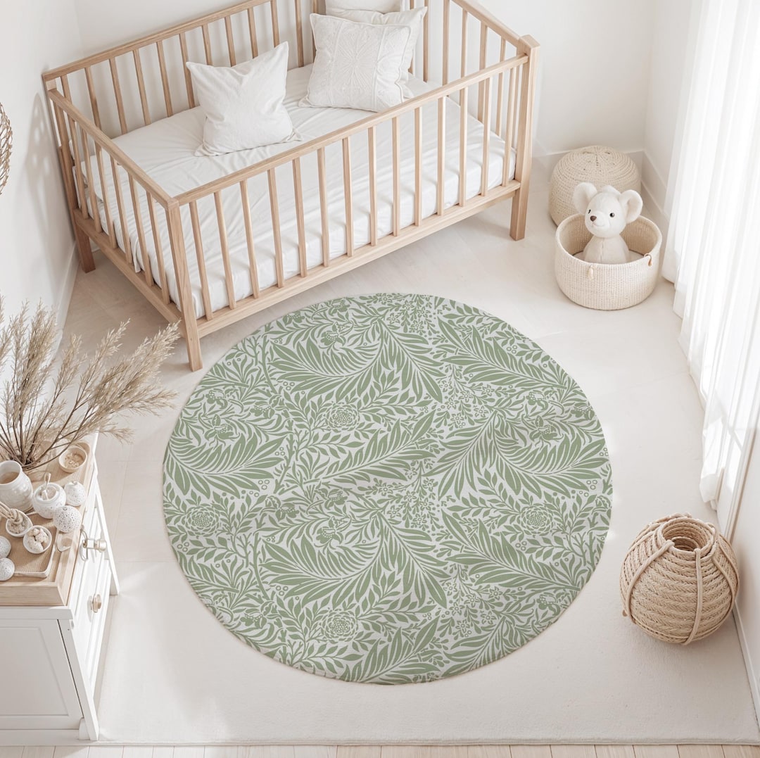 Muted Sage Green Round Rug, Minimalist Botanical Nursery Carpet ...
