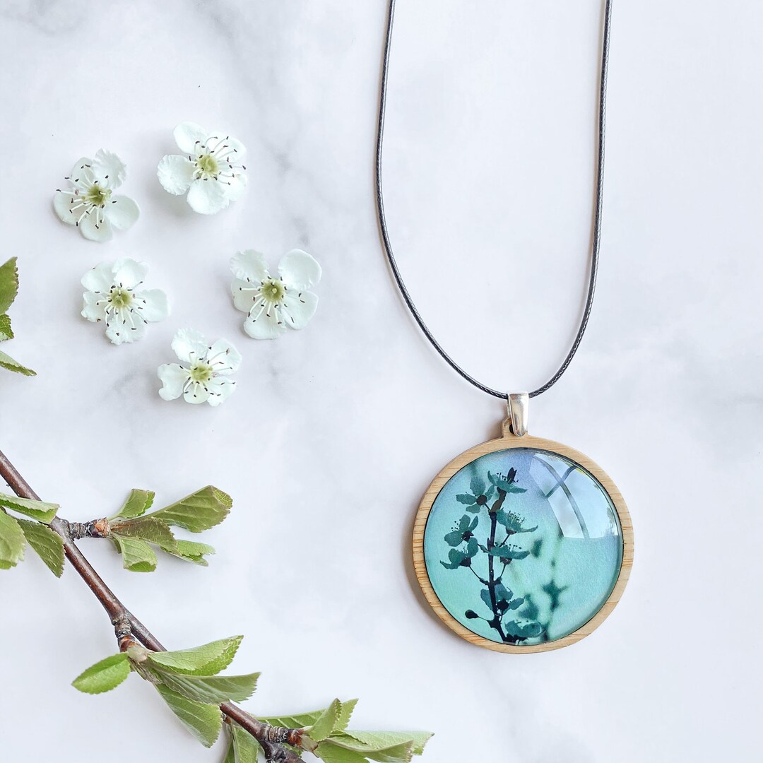 Blue Blossom Necklace - Botanical Pendant - Bamboo Jewelry - Handmade ...