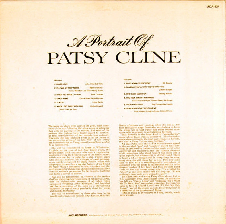 Vintage Vinyl Patsy Cline A Portrait of Patsy Cline 60's Country ...