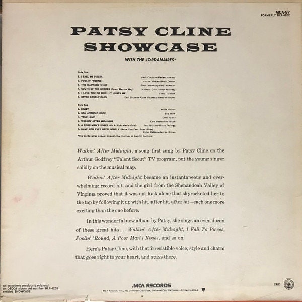 Vintage Vinyl Patsy Cline Patsy Cline Showcase With the Jordanaires 60 ...