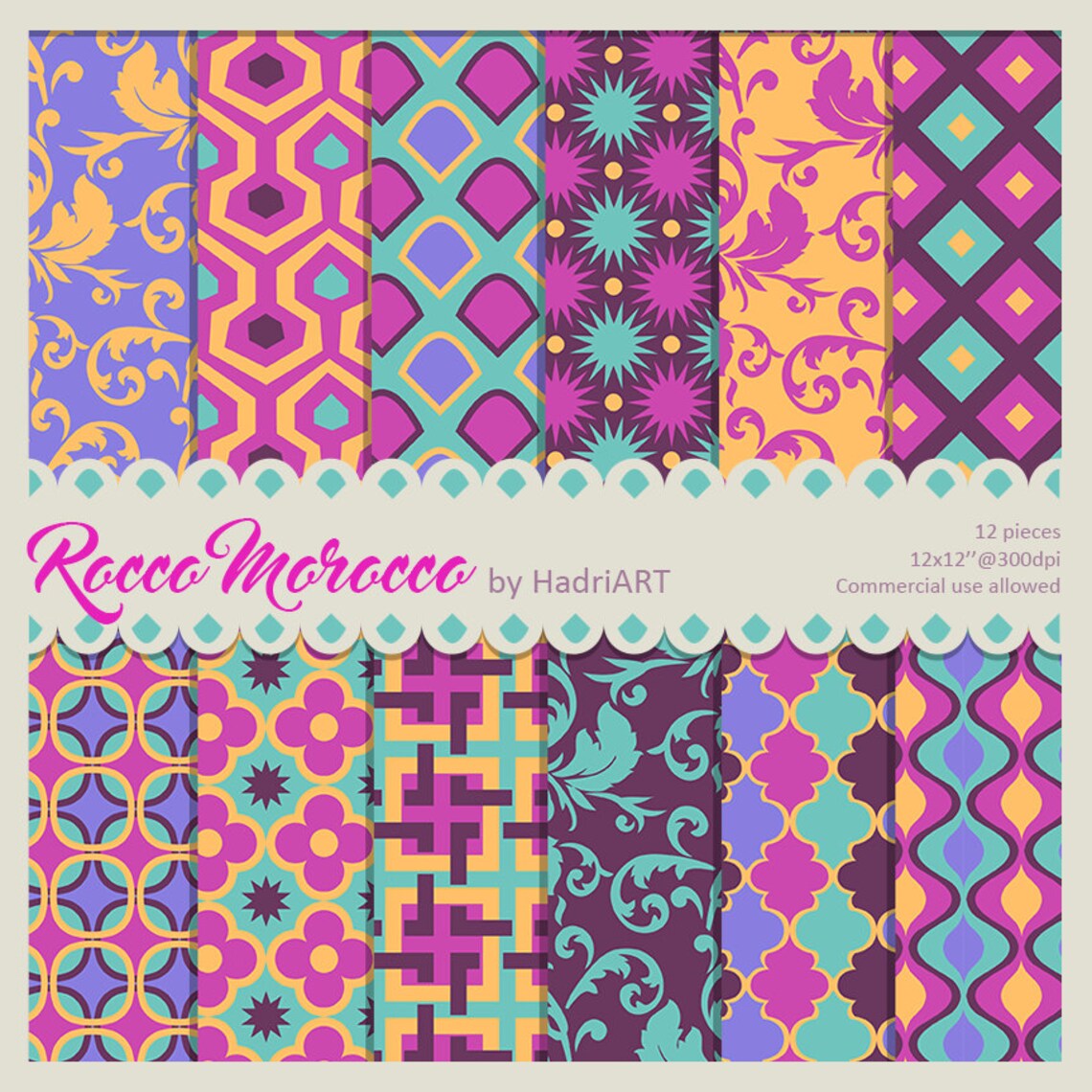 Gold Teal Pink and Purple Digital Paper Moroccan Pattern - Etsy