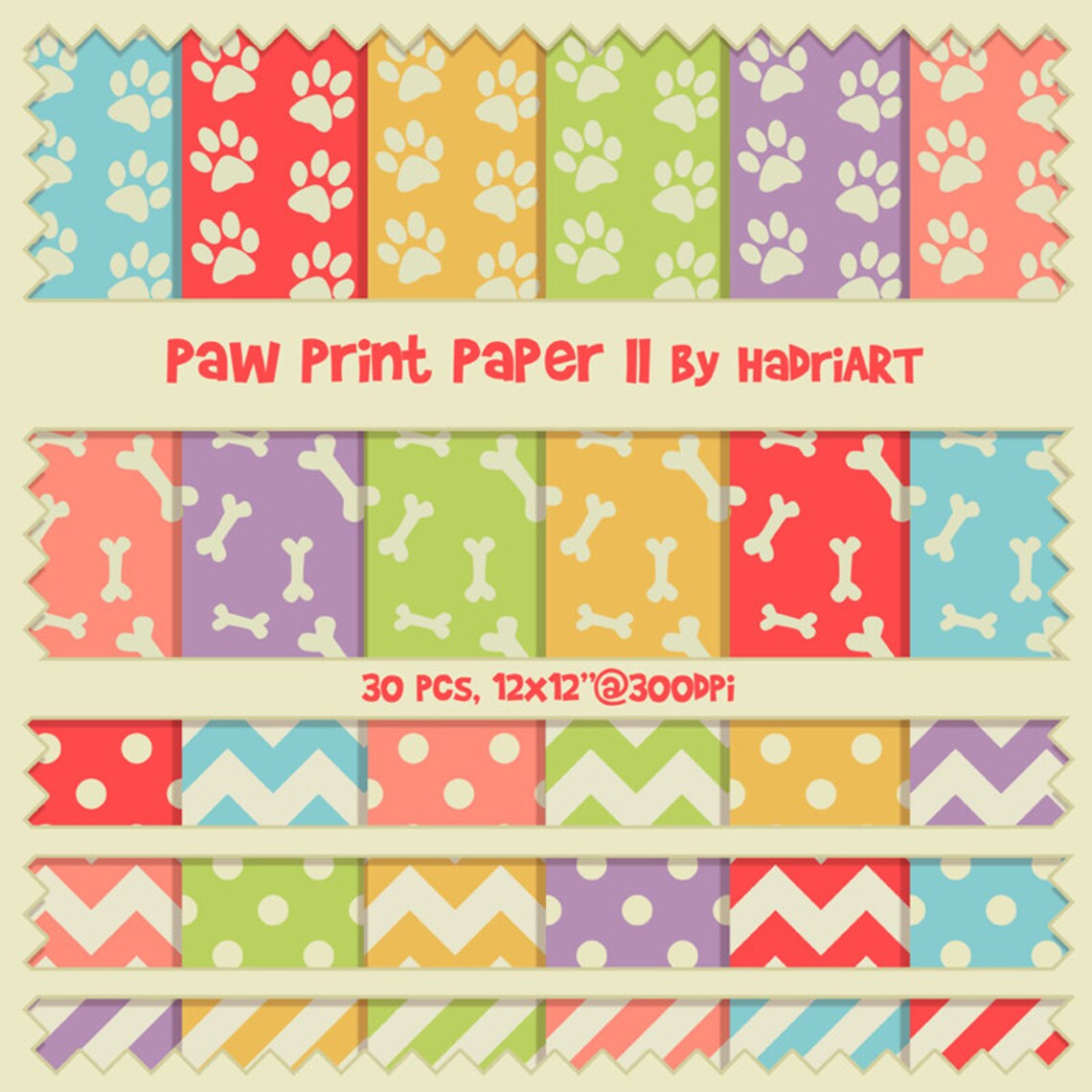 Paw Print Digital Paper Pack Puppy Motives Featuring Bones, Polka Dots ...