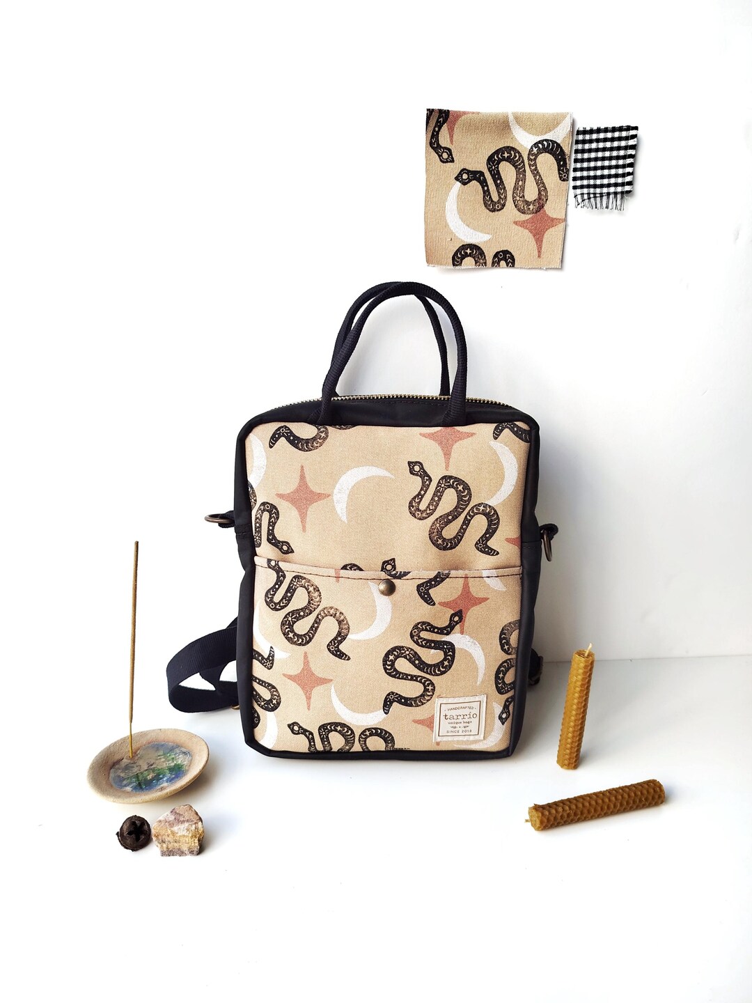 Snakes and Moon Square Backpack, in Cotton Canvas. Hand-printed. Fabric ...