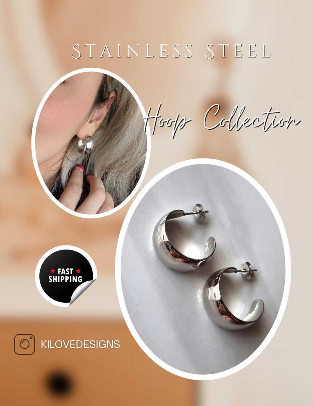 Polished Chunky Smooth Stainless Steel Silver Half Hoops Earrings, Open ...