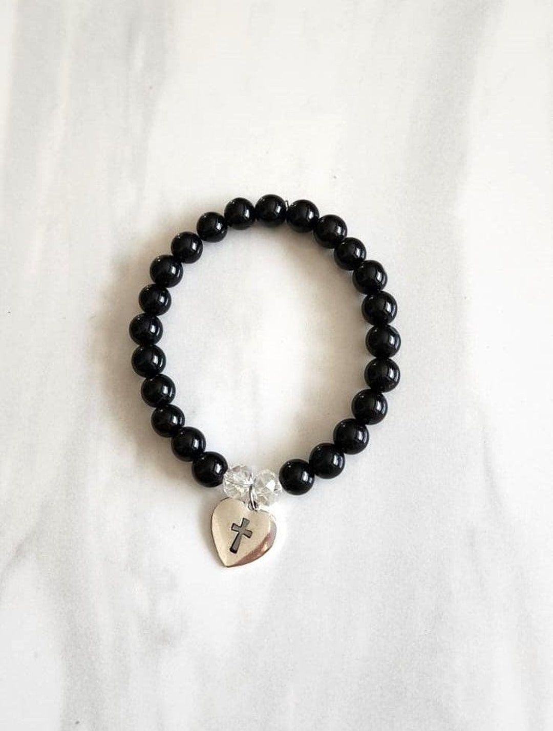 Onyx Stone Bead Bracelet With Heart Cross Charm: Handmade Protection ...