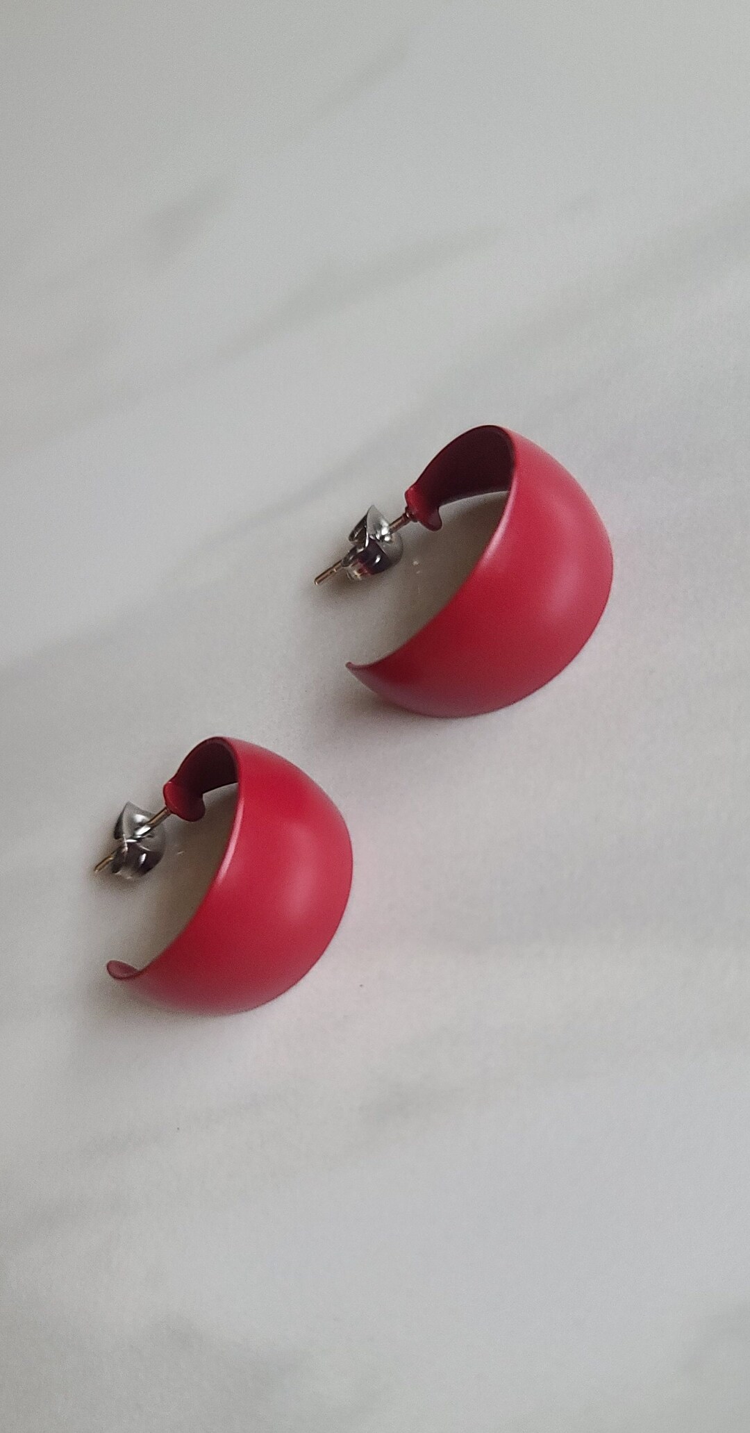 Red Chunky Enameled Stainless Steel Half Hoops Earrings, Open Hoops ...