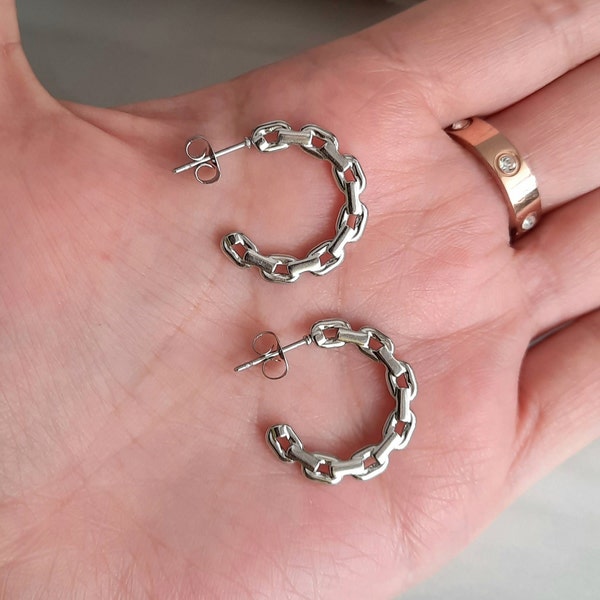Stainless Steel Chain Link Hoop Earrings - Etsy