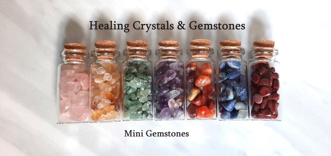 Mini Gemstones Corked Glass Bottle, Tumbled Chips, Amethyst, Rose ...