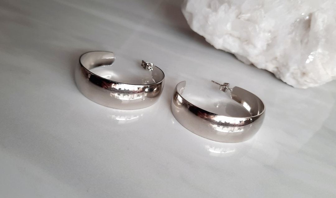 1.6" Polished Chunky Smooth Stainless Steel Silver Half Hoops Earrings ...
