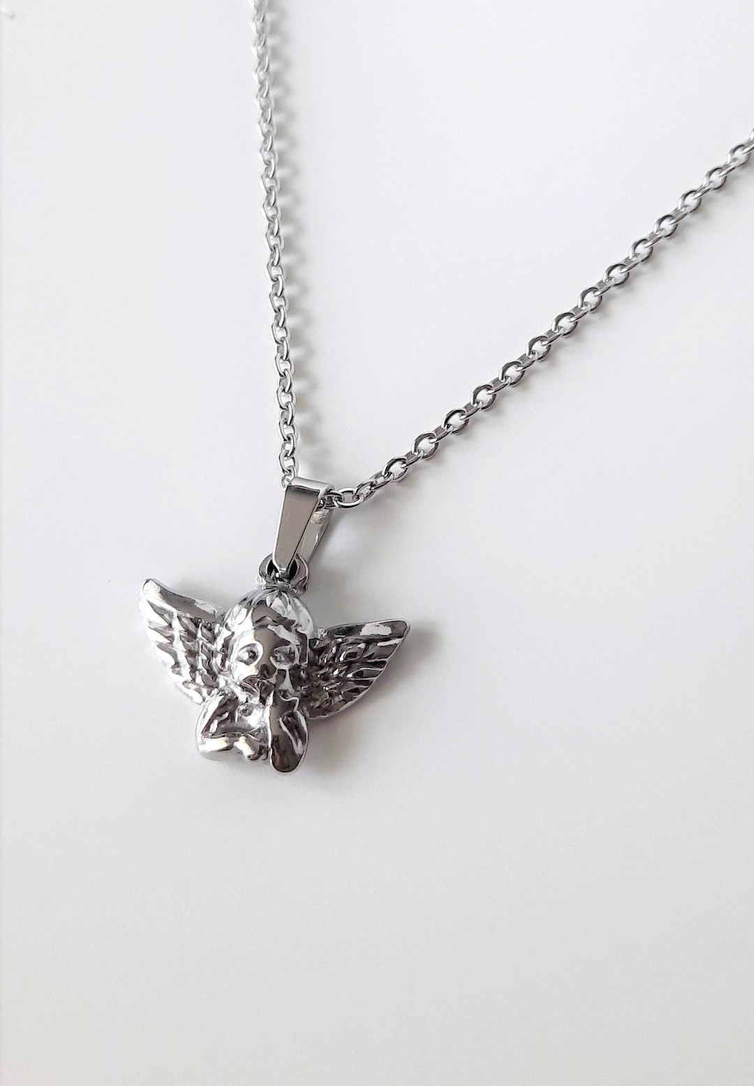 Angel Silver Stainless Steel Pendant Necklace, Cupid Angel Charm ...