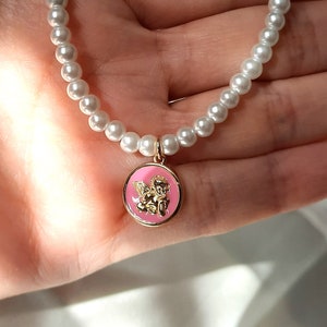Pink Angel Cherub Pendant Pearl Necklace, 4mm Glass Bead, Gold Tone ...