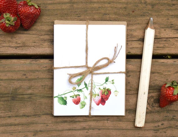 Set of Four Strawberry Notecards Watercolor Food | Etsy