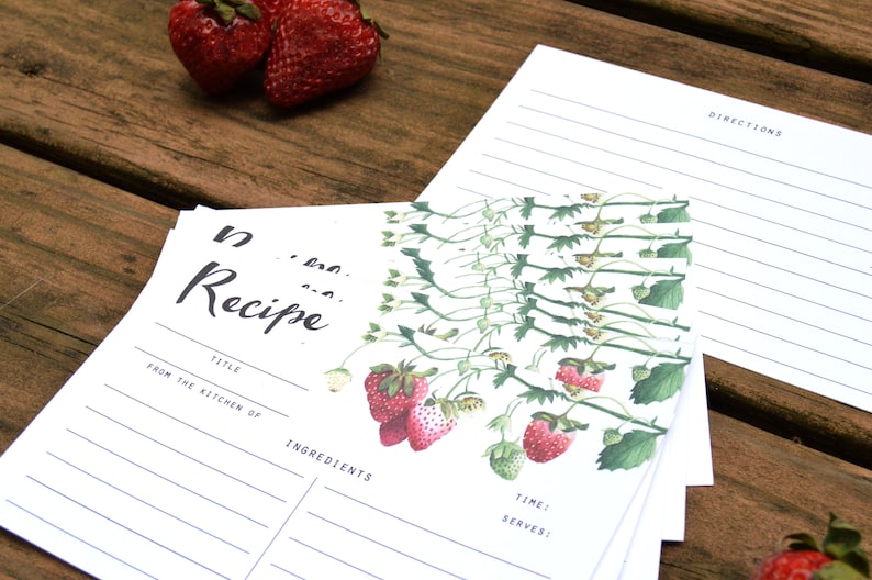 Strawberry Recipe Cards, Watercolor, Notecard, Illustration, Stationary ...