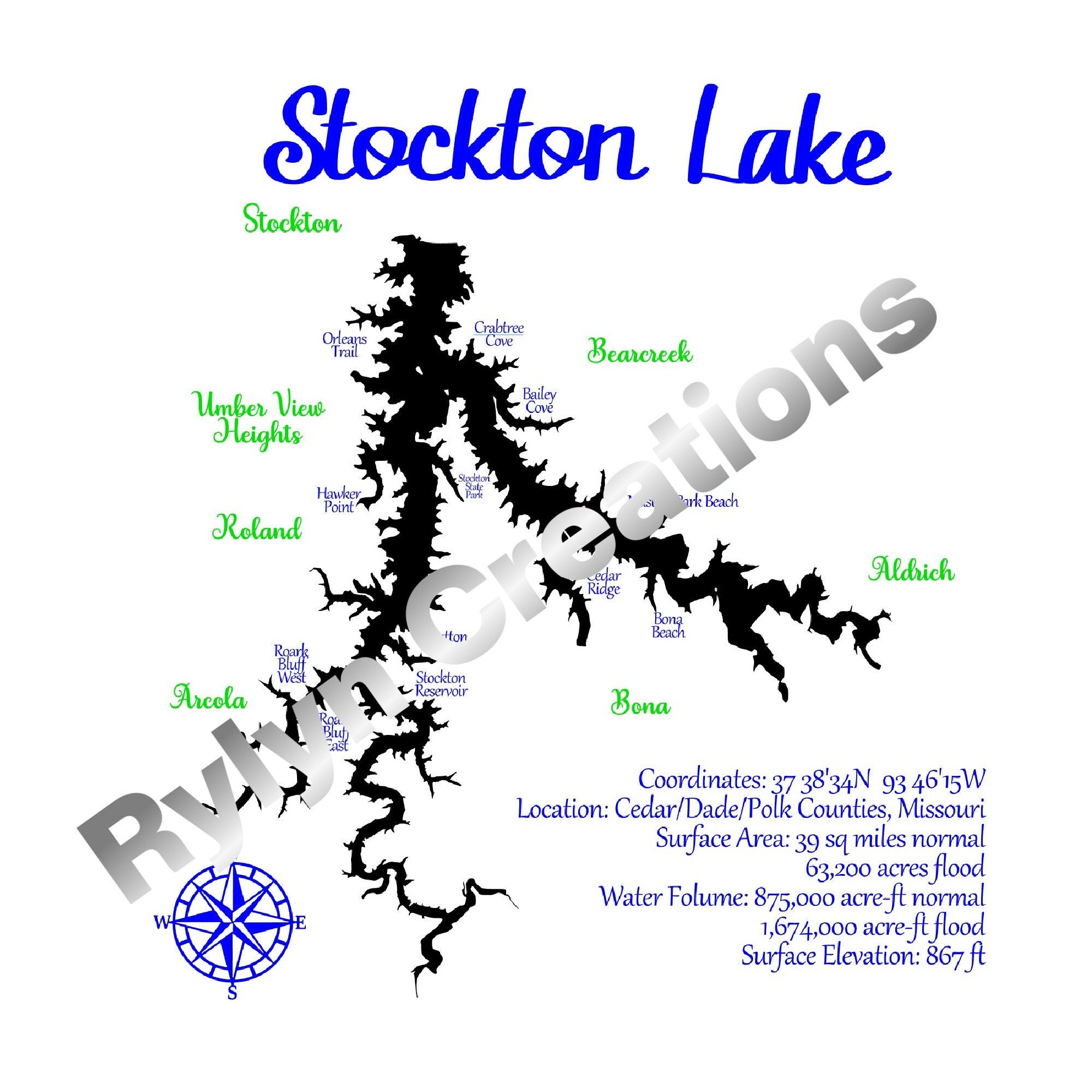 Stockton Lake Map With Coves and Details - Digital Files Only - Etsy