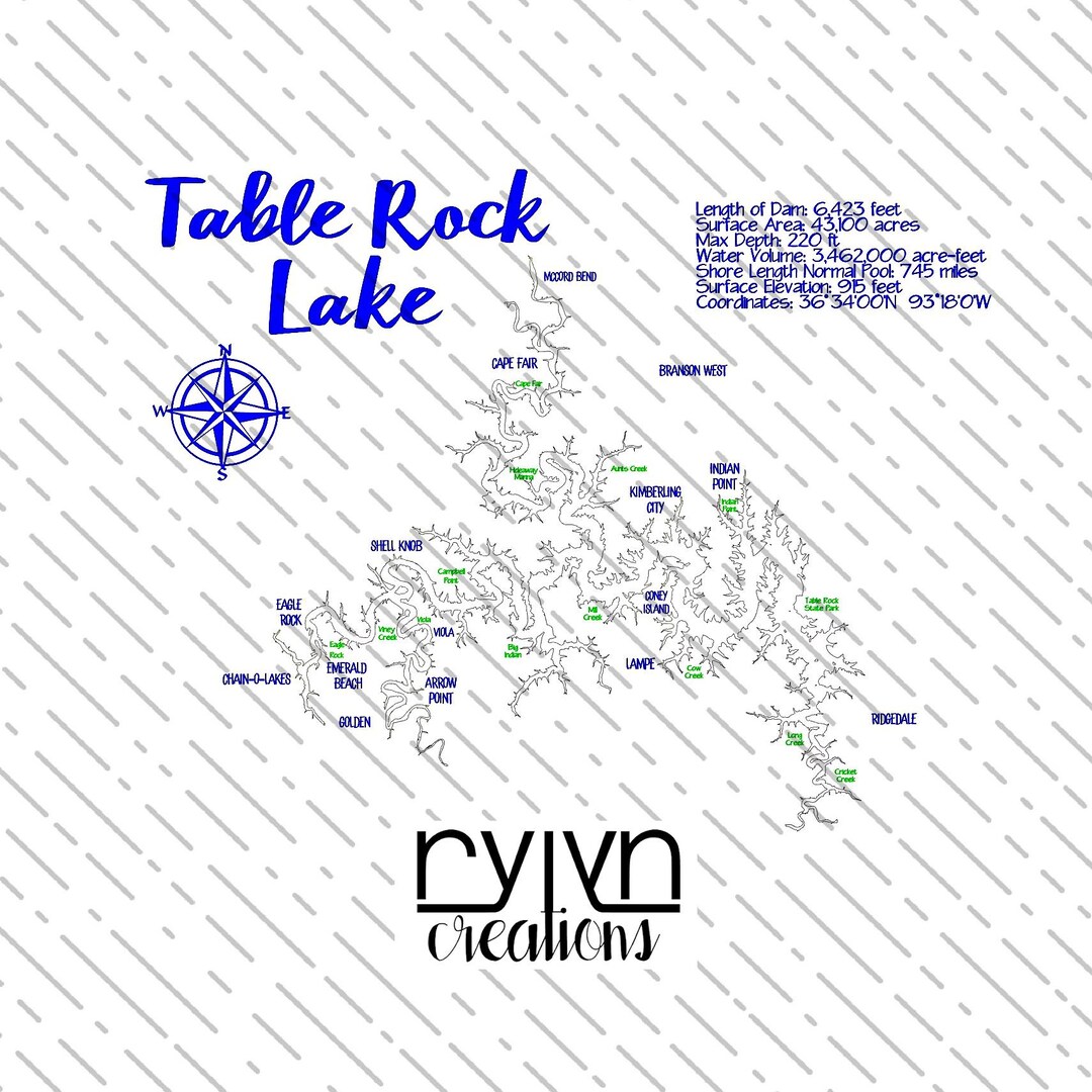 Table Rock Lake Map With Coves Digital Files Only! - Etsy