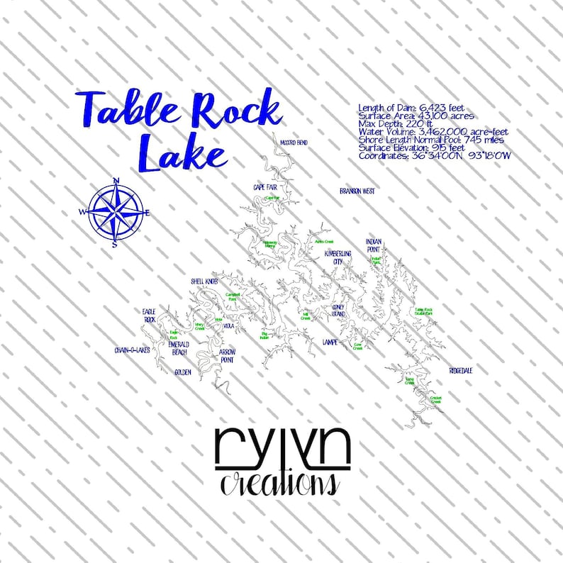 Table Rock Lake Map With Coves Digital Files Only! - Etsy