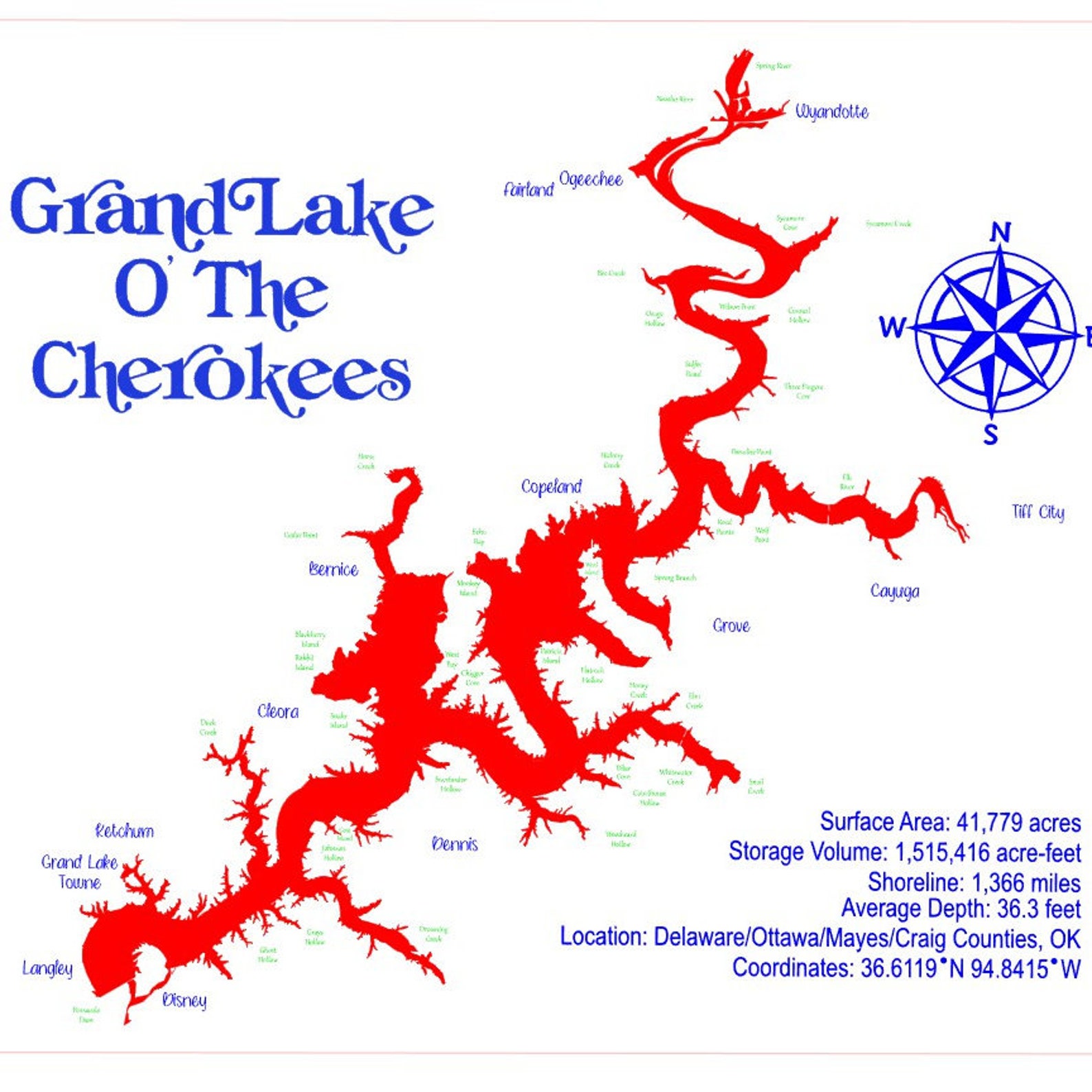 Grand Lake Map With Coves Digital Files - Etsy UK